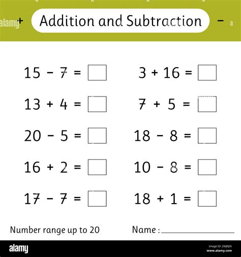 Addition And Subtraction Number Range Up To 20 Math Worksheet For