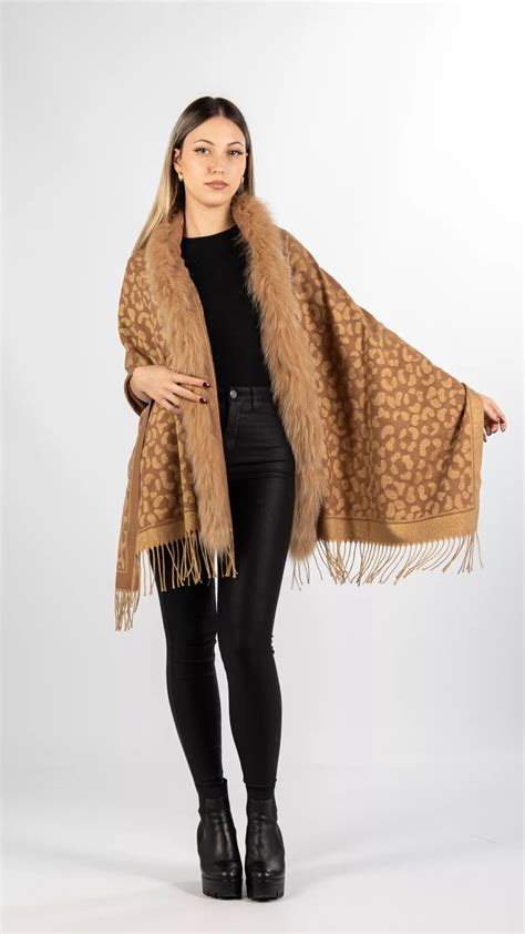 Camel Leopard Print Pashmina With Camel Fox Fox Fur Nick The Greek Furs