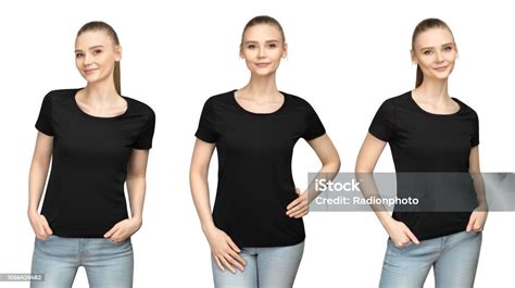 세트 프로 모션 인쇄 및 T셔츠 앞에 템플릿 젊은 여자 및 절반 차례 클리핑 패스와 측면 보기 절연 흰색 배경 개념에 대 한 빈 블랙 Tshirt 이랑 디자인 소녀 포즈 T