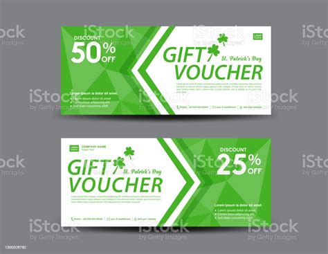 성 패트릭의 날 기프트 바우처 카드 그린 기프트 바우처 템플릿 쿠폰 디자인 인증서 티켓 템플릿 할인 카드 판매 배너 디자인 벡터
