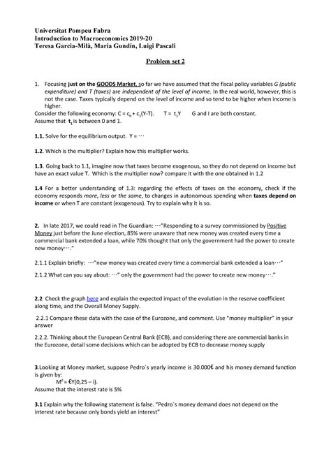 Problem Set 2 Universitat Pompeu Fabra Introduction To Macroeconomics 2019 Teresa Garcia Milà