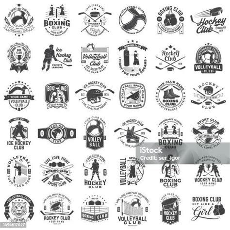 배구 권투 클럽 및 아이스 하키 클럽 배지 로고 디자인 세트 벡터 그림입니다 권투 배구 및 아이스 하키 클럽 엠블럼 기호 패치 셔츠 템플릿 로고에 대한 스톡 벡터 아트 및
