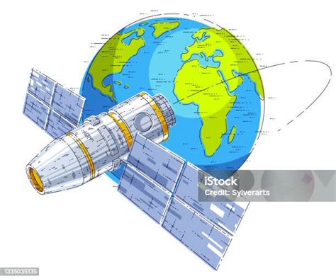 우주 정거장 은 지구 주위에 궤도 우주 비행을 비행 우주선 우주선은 태양 전지 패널 인공 위성이다 얇은 선 3d 벡터 그림