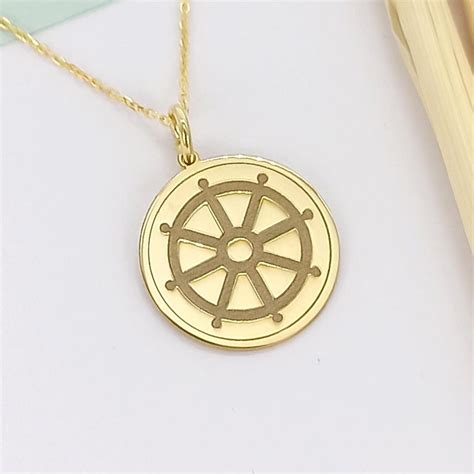 14k Solid Gold Dharma Wheel Necklace Personalized Dharmachakra Pendant