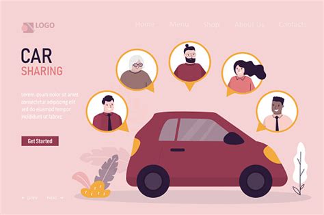 자동차 공유 랜딩 페이지 템플릿입니다 도로를 달리는 현대 자동차 다양한 드라이버 사용자의 아바타 자동차 판매 임대 및 리스 자동차 서비스 보험 자동차 구매 고객에 대한 스톡