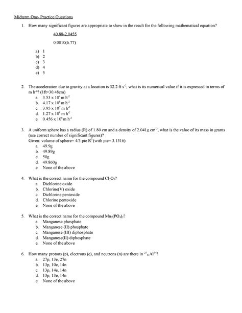 Midterm One Practice Chem 112 Midterm One Practice Questions How