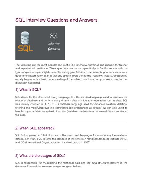 Sql Interview Questions And Answers Pdf Database Index Databases