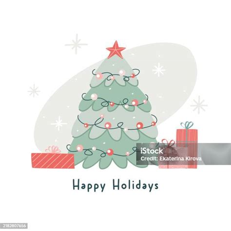 크리스마스 트리와 선물 상자에 리본과 리본이 달린 축제 포장지 현대적인 스타일의 트렌디 한 평면 벡터 그림입니다 0명에 대한 스톡 벡터 아트 및 기타 이미지 Istock