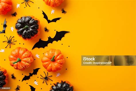 할로윈 장식 개념 작은 호박 거미 유령 박쥐 실루엣과 빈 공간이있는 고립 된 오렌지색 배경에 검은 색 색종이의 탑 뷰 사진 10월에 대한 스톡 사진 및 기타 이미지 Istock