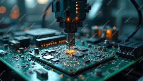 Detailed Closeup Of A Precision Soldering Process On A Circuit Board In A Hightech Environment