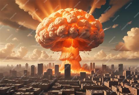 A Nuclear Explosion In A City With A City In The Background Premium