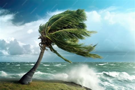 Palm Tree Bending In The Hurricane Premium Ai Generated Image