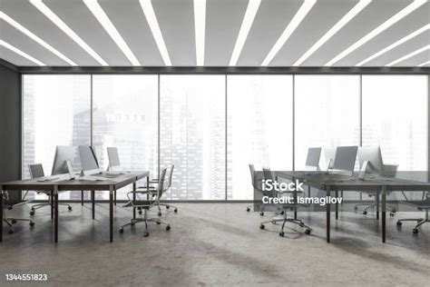 두 개의 결합 된 사무실 책상파노라마 회색 사무실 인테리어 대칭에 대한 스톡 사진 및 기타 이미지 대칭 사무실 0명