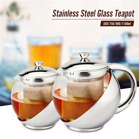 Tea Coffee Kettle Home Stainless Steel Glass Faced Teapot Strainer Lid Herbal Tea Leaf Removable