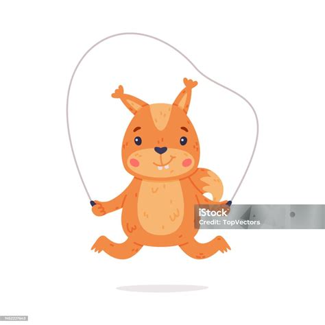 덥수룩한 꼬리 점프 또는 줄넘기 벡터 일러스트레이션을 가진 재미 있는 다람쥐 캐릭터 개념에 대한 스톡 벡터 아트 및 기타 이미지
