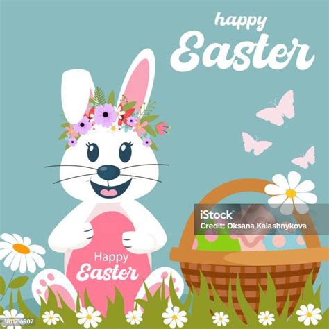 귀여운 흰 토끼와 달걀이 있는 행복한 부활절 인사말 카드입니다 토끼 캐릭터입니다 봄 배경 표지 판매 배너 전단지 디자인 광고 웹 소셜 미디어용 템플릿입니다 가리기에 대한