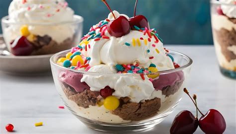 A Delicious Sundae Layers Of Ice Cream Whipped Cream Cherries And
