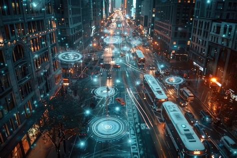 Futuristic City Traffic Smart Vehicles With Digital Navigation Systems On Busy Urban Street