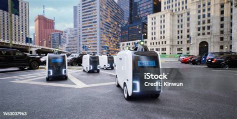 주차장에서 자율 배송 로봇 대기 스마트 물류 기술 개념 3d 렌더링 배달에 대한 스톡 사진 및 기타 이미지 배달 자동화