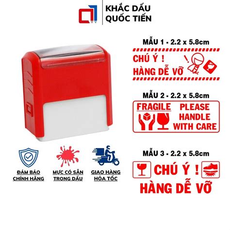 Con Dấu Hàng Dễ Vỡ Xin Nhẹ Tay Có Mực Sẵn Màu Đỏ Kích Thước 14x38mm