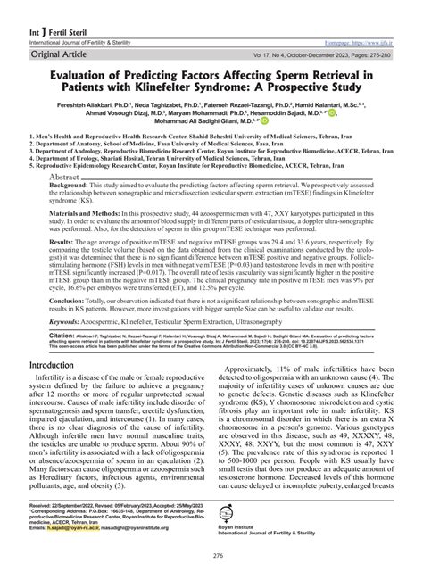 Pdf Evaluation Of Predicting Factors Affecting Sperm Retrieval In Patients With Klinefelter