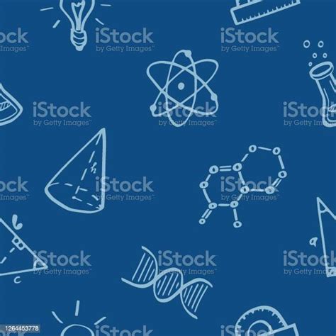 학교로 돌아와 원활한 패턴 낙서 스타일의 교육 용품의 벡터 일러스트레이션 클래식 한 파란색으로 배경을 반복합니다 과학에 대한 스톡 벡터 아트 및 기타 이미지 Istock