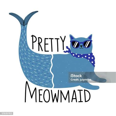 선글라스와 스카프에 물고기 꼬리와 파란색 고양이 벡터 그림입니다 예쁜 야옹 재밌는 글자 문구 여자 인어에 대한 스톡 벡터 아트 및 기타 이미지 Istock