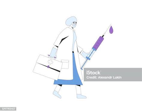 예방 접종 백인 배경에 고립 된 주입을위한 코로나 바이러스 백신의 주사기를 가진 여성 과학자 또는 간호사 치료 와 의사 벡터