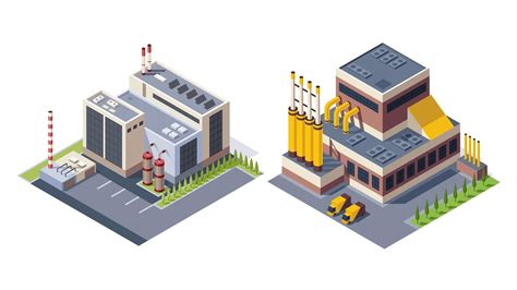 아이소메트릭 공장 컬렉션 굴뚝 타워 또는 파이프가 있는 산업 작업 공장의 개념 산업용 빌딩 3d 격리된 아이콘 세트 제조 주택의 건축 프리미엄 벡터