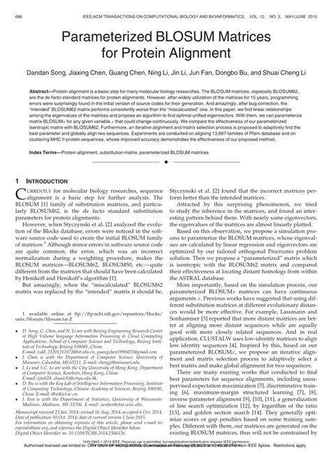 Pdf Parameterized Blosum Matrices For Protein Alignment