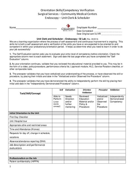 Fillable Online Orientation Skillscompetency Verification Surgical