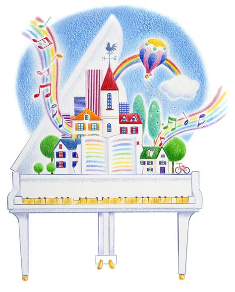 手描きファンタジーイラスト：ピアノの上に広がる音楽の街／虹と音符と気球 【ストックイラスト・衛星写真素材blog】株式会社アートバンク