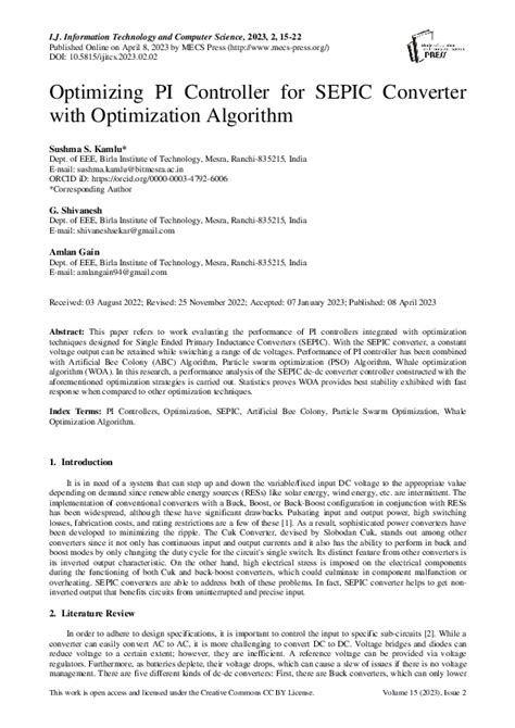 Pdf Optimizing Pi Controller For Sepic Converter With Optimization