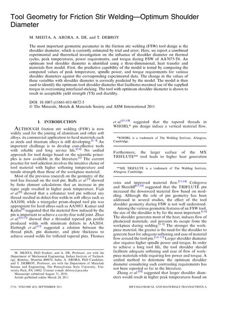 Tool Geometry For Friction Stir Welding—optimum Shoulder Diameter Mehta A Arora A De And