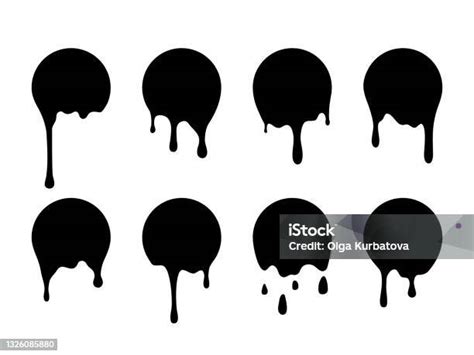 드립 페인트 스티커 검은 색 용융 배지 잉크 얼룩 떨어지는 원 세트입니다 흐르는 방울이 있는 둥근 모양 실루엣 추상 그래피티