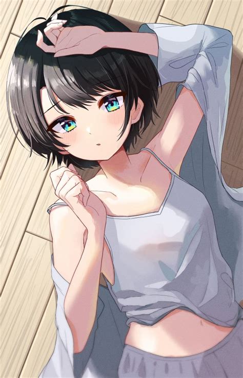 배경 화면 디지털 아트 애니메이션 소녀들 삽화 2d Vertical Display 세로보기 수직선 초상화 에치 뷰어를보고 배꼽 자주색 눈 바지 멜빵