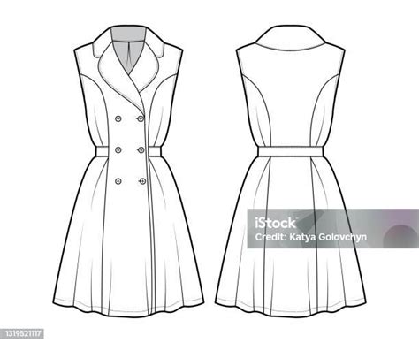 더블 브레스트 핏 바디 무릎 길이 세미 원형 스커트 드레스 코트 트렌치 테크니컬 패션 일러스트 0명에 대한 스톡 벡터 아트 및 기타 이미지 Istock