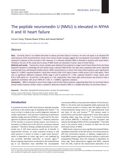 Pdf The Peptide Neuromedin U Nmu Is Elevated In Nyha Ii And Iii
