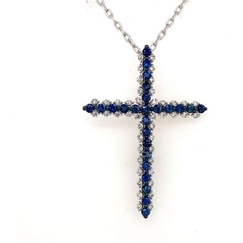 18k White Gold Cross Necklace With Round Blue Sapphires And Round Diam Robinsons Jewelers