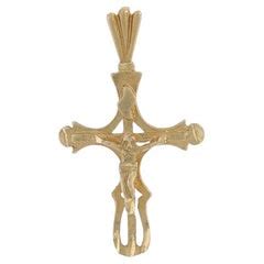 Yellow Gold Budded Cross Pendant 14k Faith Pointed Matte Milgrain For