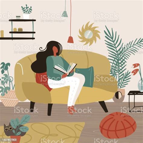 젊은 여성은 그녀의 방에 소파에 앉아 책을 읽고 주말 또는 자유 시간 지출 여성스러운 시간 컨셉 아늑한 거실에서 차가운 소녀 벡터 만화 평면 일러스트레이션 가공의 인물에