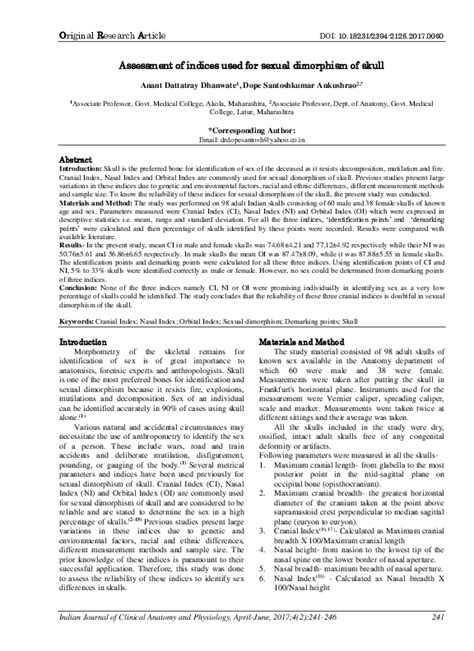 Pdf Assessment Of Indices Used For Sexual Dimorphism Of Skull