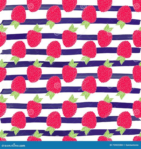 Raspberry Hand Drawn Sketch Striped Seamless Pattern Vector Illustration Stock Vector