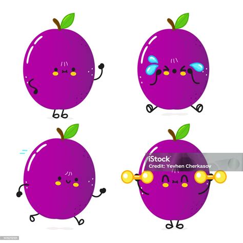 재미 귀여운 행복한 매화 캐릭터 번들 세트 벡터 손으로 그린 낙서 스타일 만화 캐릭터 일러스트 아이콘 디자인 귀여운 매화 마스코트 캐릭터 컬렉션 0명에 대한 스톡 벡터 아트