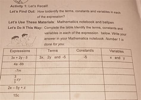 Solved Activity 1 Lets Recall Lets Find Out How Toidentify The Terms Constants And