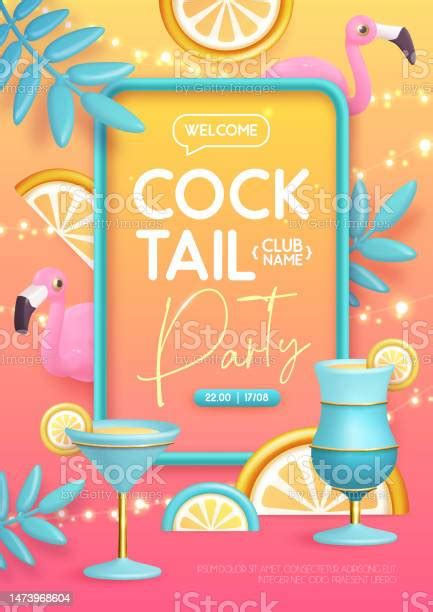 여름 칵테일 디스코 파티 타이포그래피 포스터에는 3d 플라스틱 플라밍고 칵테일 열대 잎이 있습니다 벡터 그림 3차원 형태에 대한 스톡 벡터 아트 및 기타 이미지 Istock