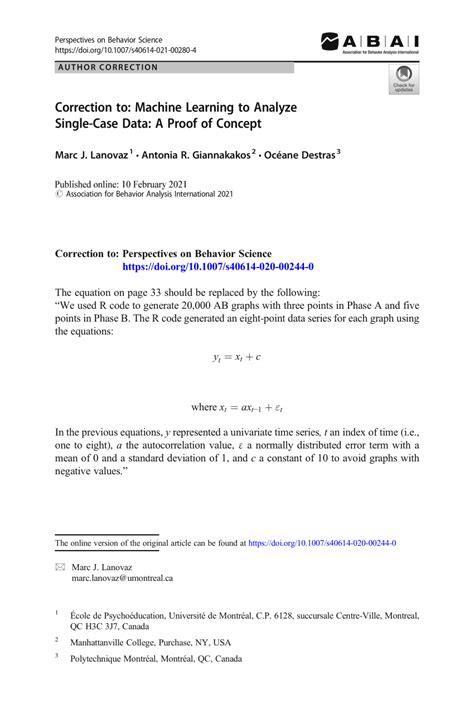Pdf Correction To Machine Learning To Analyze Single Case Data A Proof Of Concept