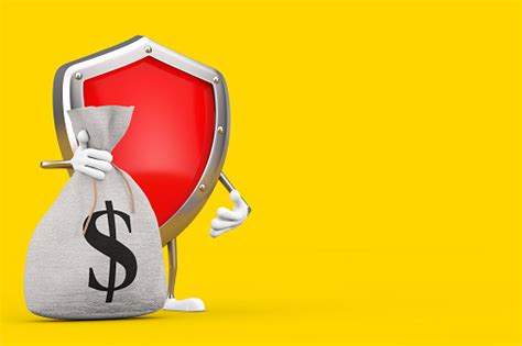 레드 메탈 보호 방패 캐릭터 마스코트와 묶여 소박한 캔버스 리넨 돈 자루 또는 달러 기호와 돈 가방 3d 렌더링 가득 찬에 대한 스톡 사진 및 기타 이미지 Istock