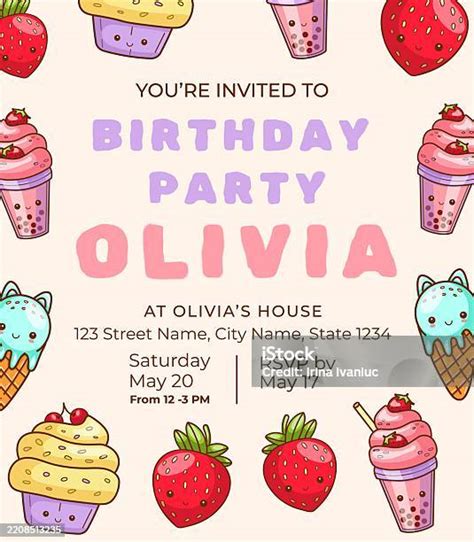 귀여운 카와이 디저트로 어린이 생일 초대장 아이 파티에 대 한 벡터 일러스트 레이 션 생일에 대한 스톡 벡터 아트 및 기타 이미지 생일 초대장 0명 Istock
