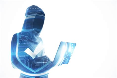 premium photo double exposure with no face hacker with laptop and abstract secure is ok sign